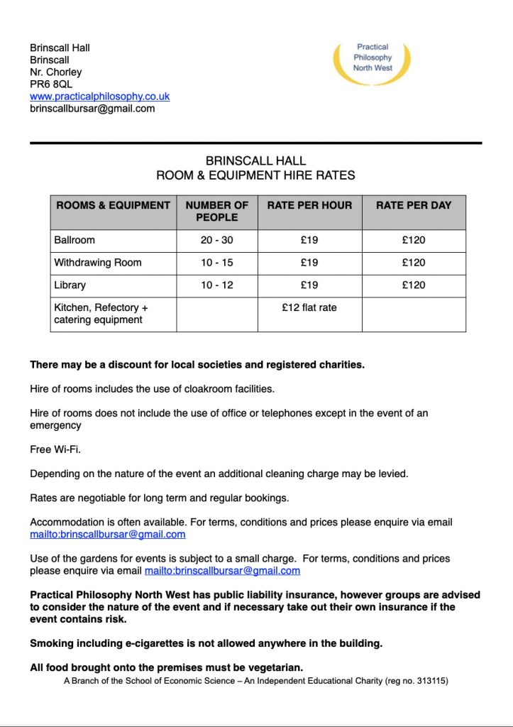 Hiring Brinscall Hall - School of Philosophy North West